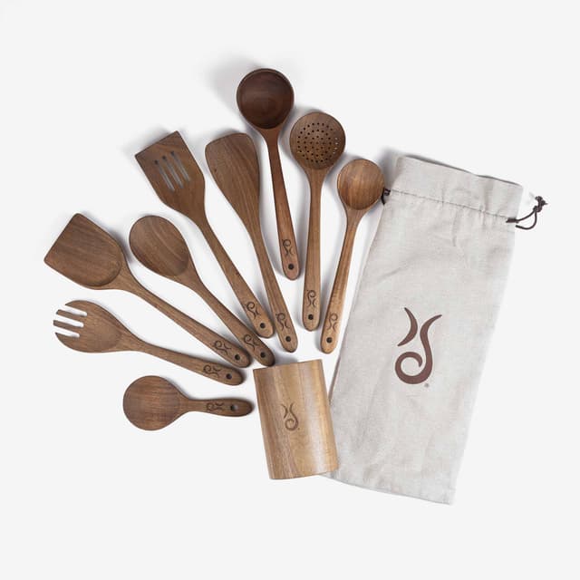 Acacia Wood Utensil Set – 10-Piece FSC®-Certified Wood Cooking Tools ...