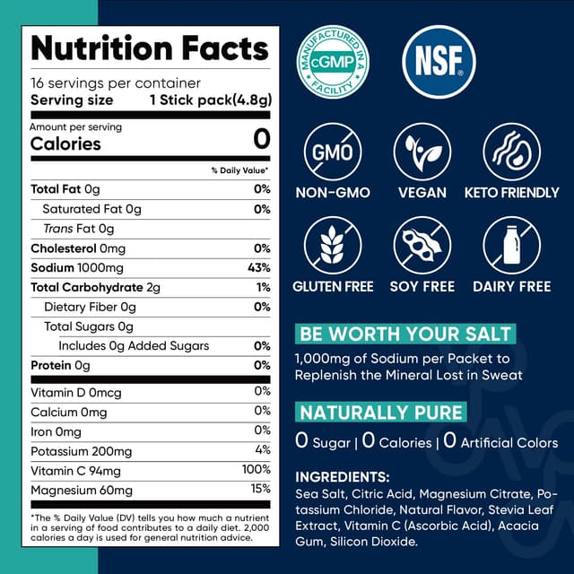 High Sodium Sugar Free Electrolytes Powder Packet - Variety Pack - 16 ...