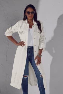 Studded Denim Women's Duster Jacket by Studio EY - White / M